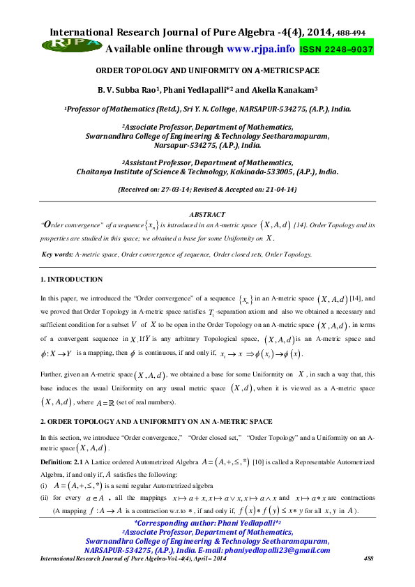 (PDF) • Order Topology and Uniformity on A-Metric Space