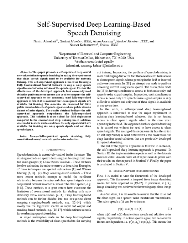 (PDF) Self-Supervised Deep Learning-Based Speech Denoising