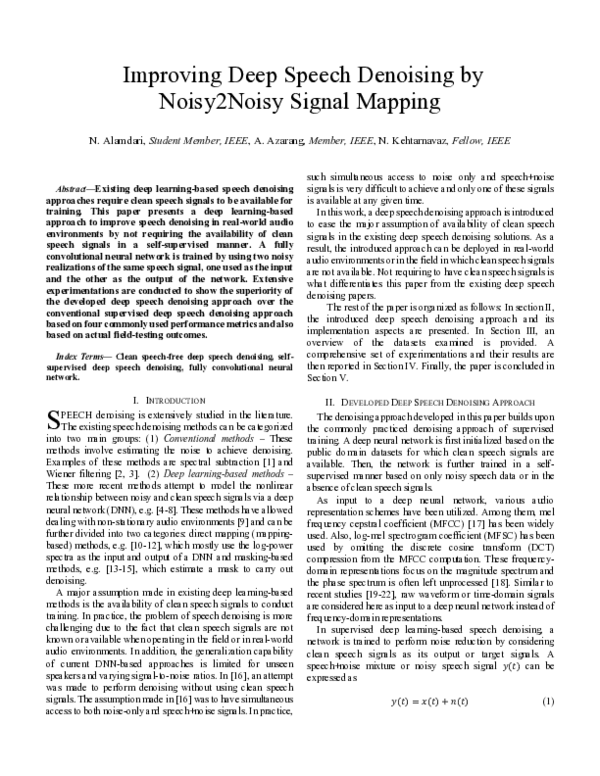 Improving Deep Speech Denoising by Noisy2Noisy Signal Mapping