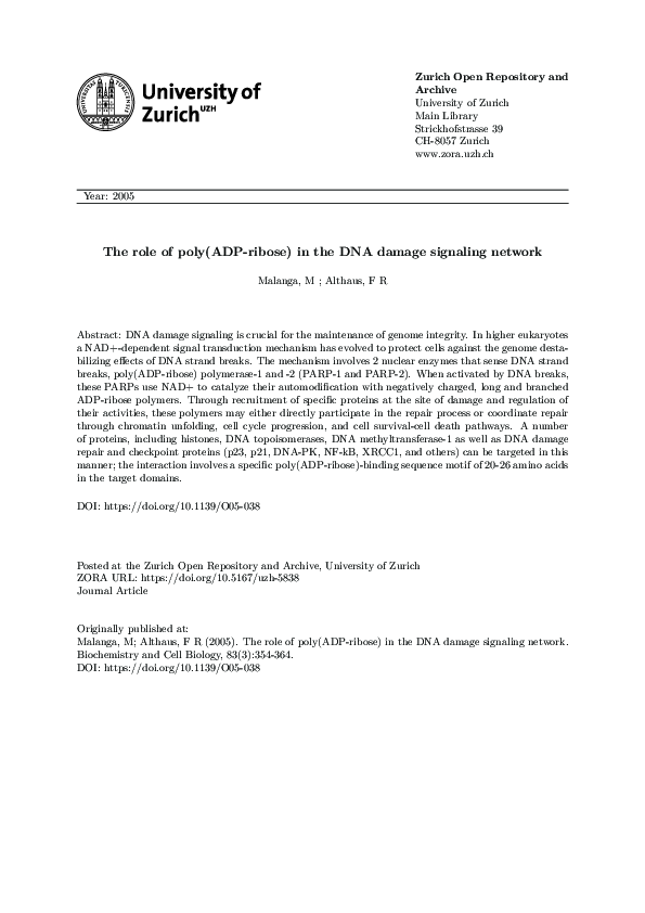 (PDF) The role of poly(ADP-ribose) in the DNA damage signaling network