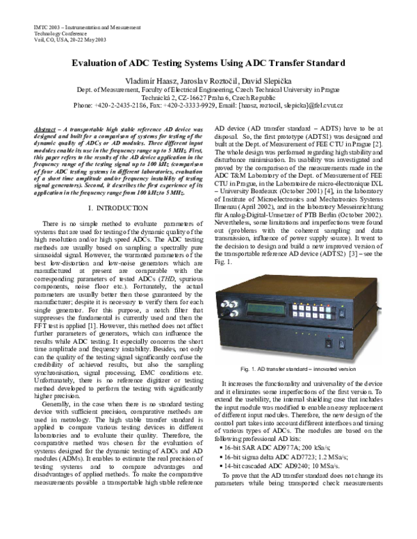 (PDF) Evaluation of ADC Testing Systems Using ADC Transfer Standard