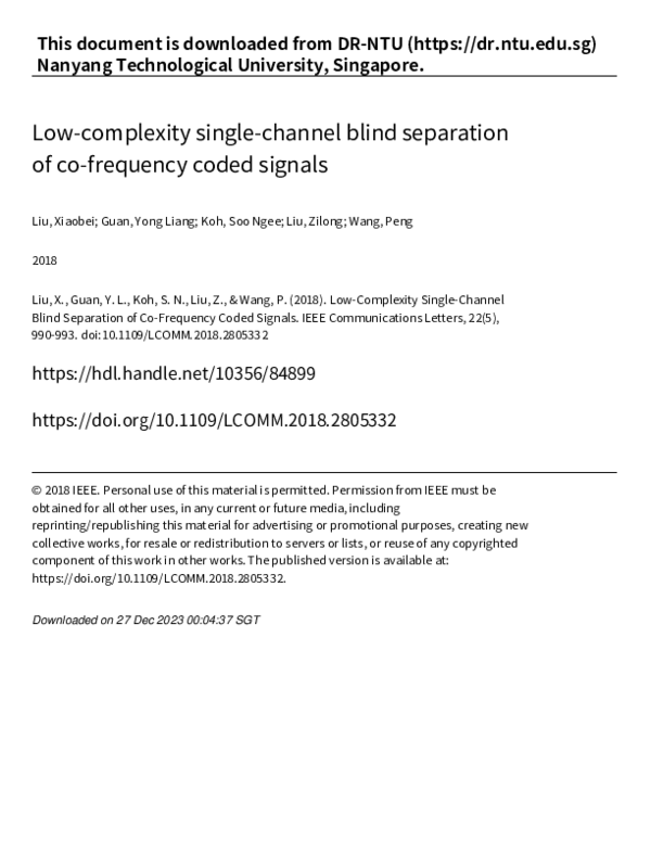 (PDF) Low-Complexity Single-Channel Blind Separation of Co-Frequency Coded Signals