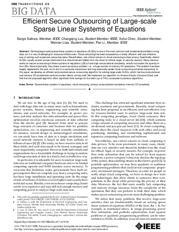 Efficient Secure Outsourcing of Large-Scale Sparse Linear Systems of Equations