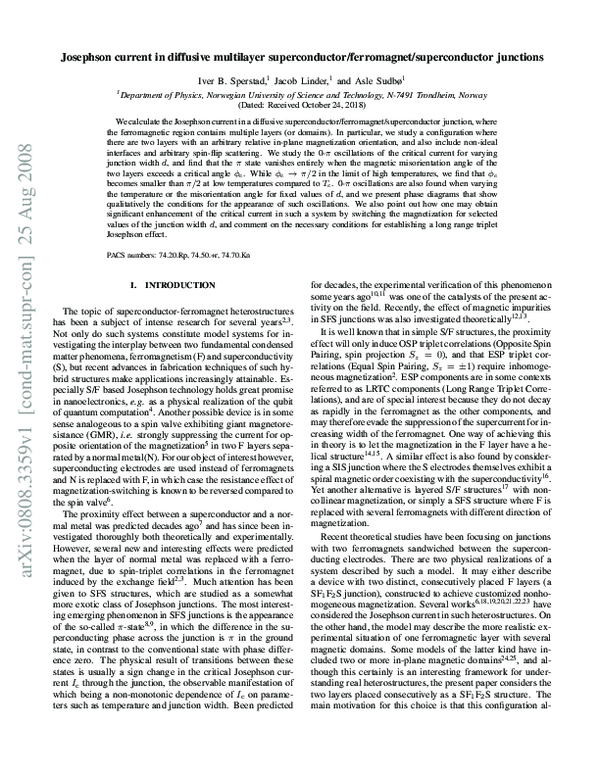 (PDF) Josephson current in diffusive multilayer superconductor/ferromagnet/superconductor junctions