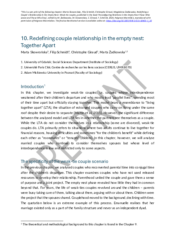(PDF) Redefining couple relationship in the empty nest: Together Apart