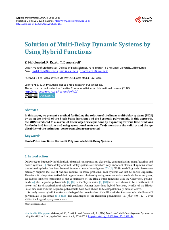 (PDF) Solution of Multi-Delay Dynamic Systems by Using Hybrid Functions