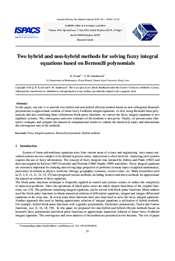 (PDF) Two hybrid and non-hybrid methods for solving fuzzy integral equations based on Bernoulli ...