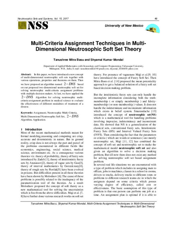 (PDF) Multi-Criteria Assignment Techniques In Multi- Dimensional Neutrosophic Soft Set Theory