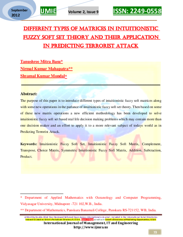 Pdf Different Types Of Matrices In Intuitionistic Fuzzy Soft Set Theory And Their Application