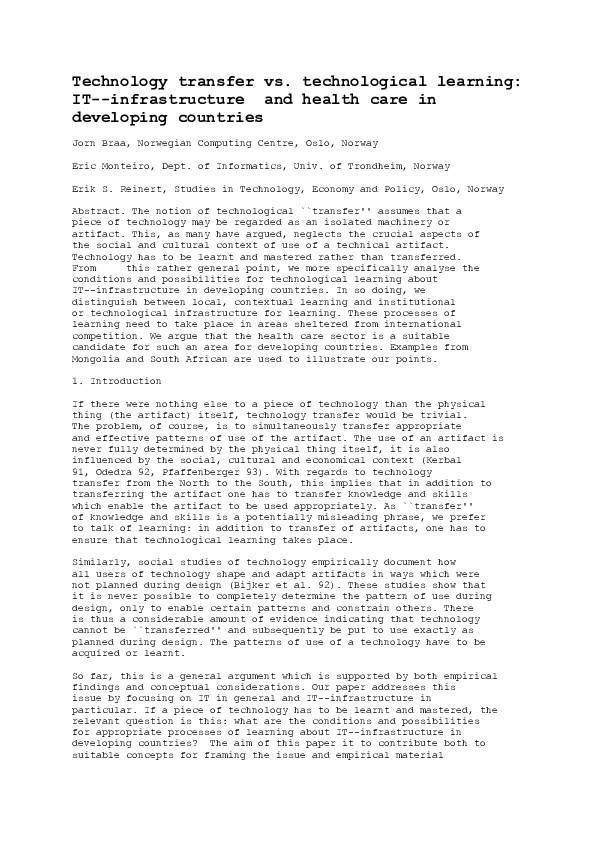 (PDF) Technology transfer vs. technological learning: It‐infrastructure and health care in ...