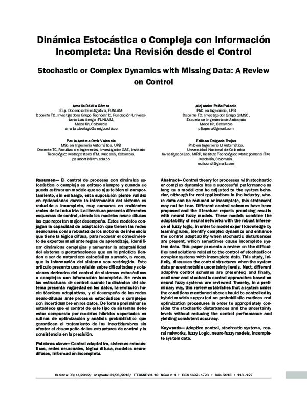 (PDF) Dinámica Estocástica o Compleja con Información Incompleta: Una ...
