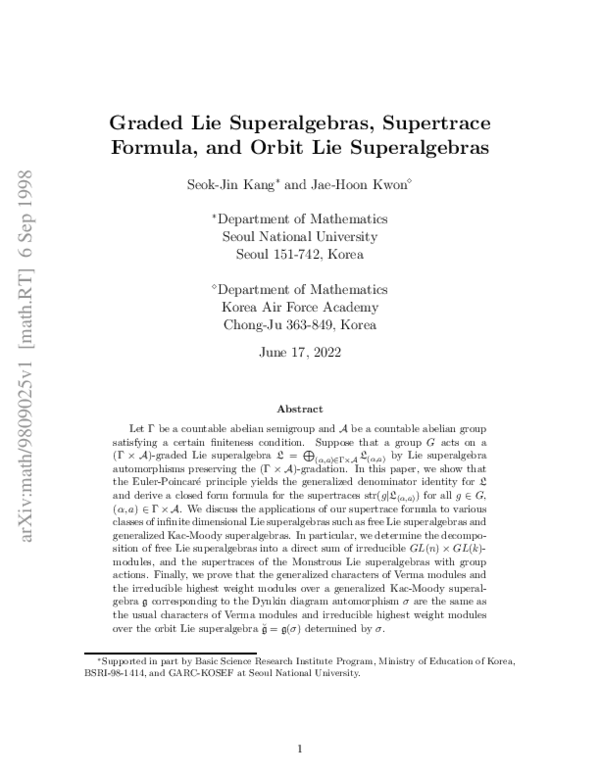 (PDF) Graded Lie Superalgebras, Supertrace Formula, and Orbit Lie Superalgebras