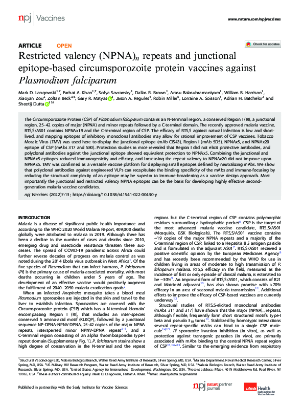 (PDF) Restricted valency (NPNA)n repeats and junctional epitope-based ...