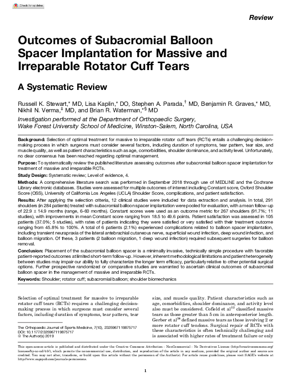 Outcomes of Subacromial Balloon Spacer Implantation for Irreparable ...