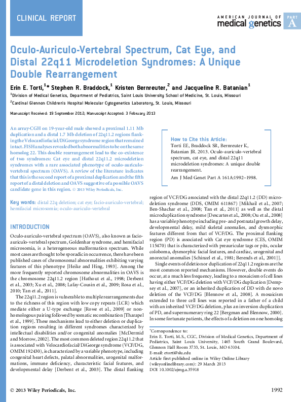 (PDF) Oculo-Auriculo-Vertebral Spectrum, Cat Eye, and Distal 22q11 Microdeletion Syndromes: A ...