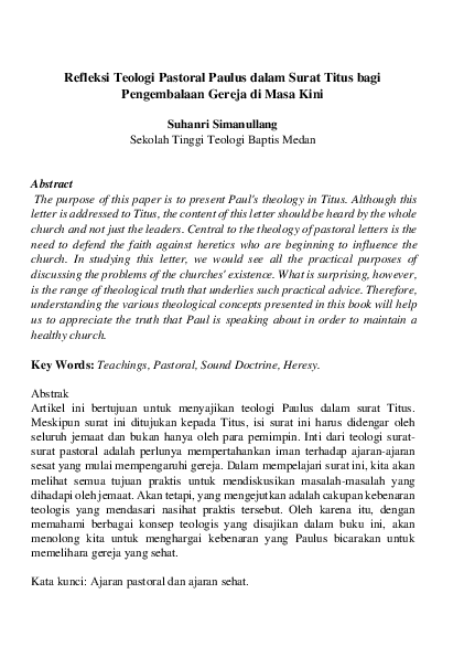 (PDF) Refleksi Teologi Pastoral Paulus dalam Surat Titus bagi ...