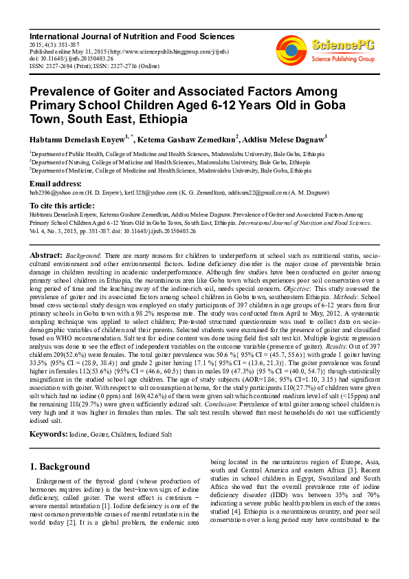 (PDF) Prevalence of Goiter and Associated Factors Among Primary School ...