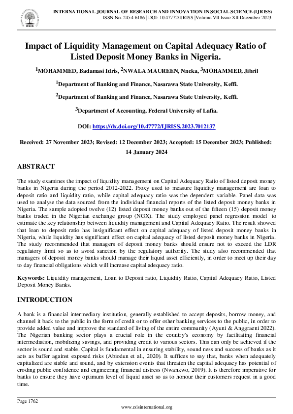 Impact of Liquidity Management on Capital Adequacy Ratio of Listed Deposit Money Banks in Nigeria
