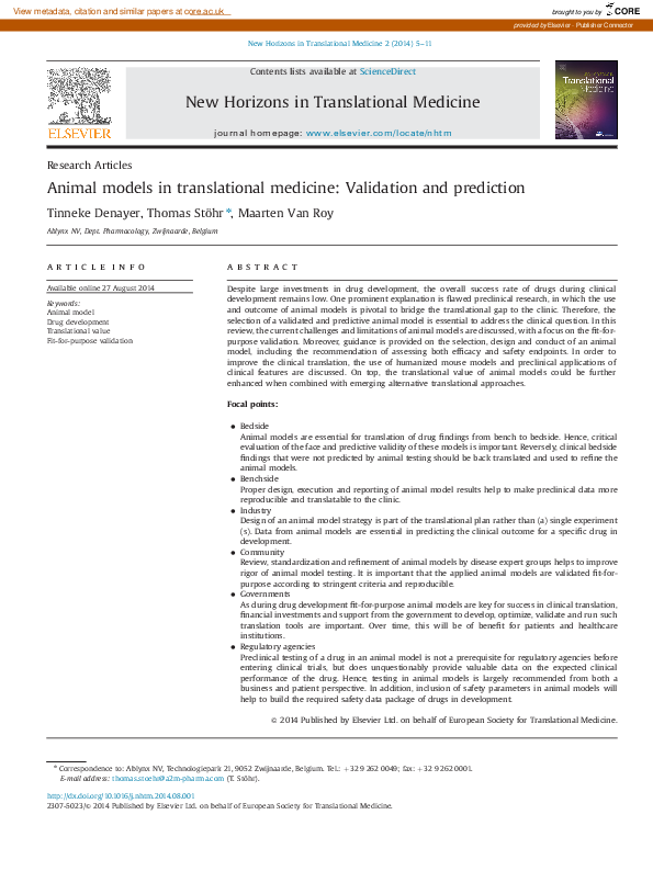 (PDF) Animal models in translational medicine: Validation and prediction