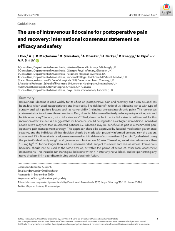 (PDF) Use of intravenous lidocaine for postoperative pain and recovery