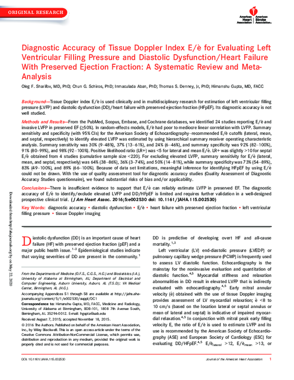 (PDF) Diagnostic Accuracy of Tissue Doppler Index E/è for Evaluating ...