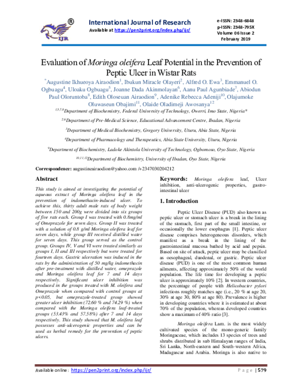 (PDF) Evaluation of Moringa oleifera Leaf Potential in the Prevention of Peptic Ulcer in Wistar Rats