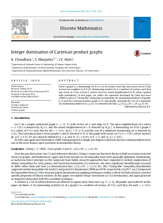 (PDF) Integer domination of Cartesian product graphs