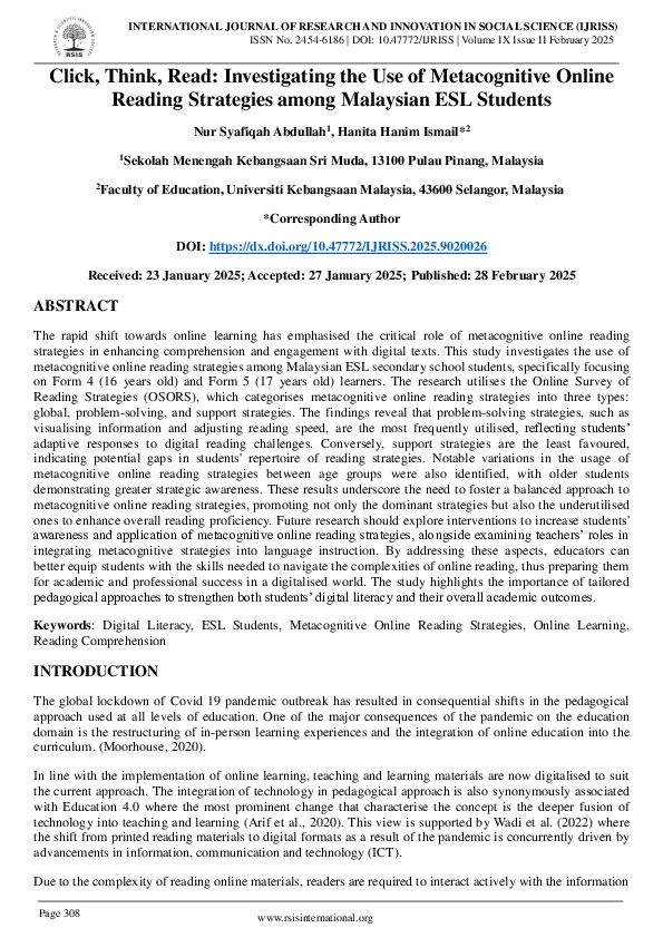 Pdf Click Think Read Investigating The Use Of Metacognitive Online Reading Strategies Among