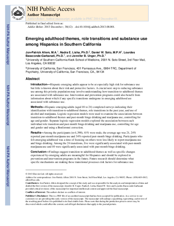 (PDF) Emerging adulthood themes, role transitions and substance use ...