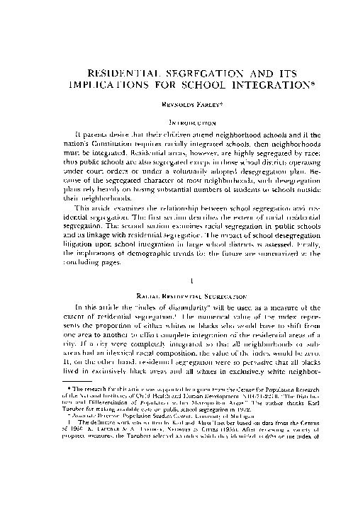 (PDF) Residential Segregation and Its Implications for School Integration