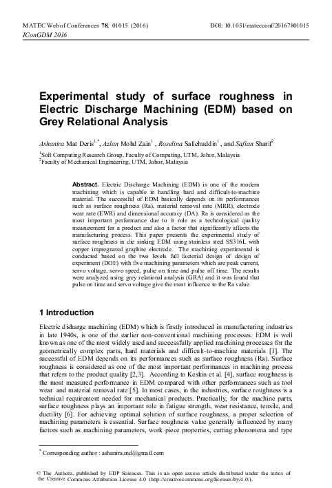 (PDF) Experimental study of surface roughness in Electric Discharge Machining (EDM) based on ...