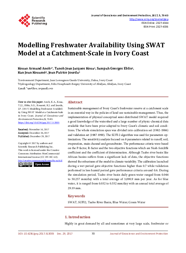 (PDF) Modelling Freshwater Availability Using SWAT Model at a Catchment ...
