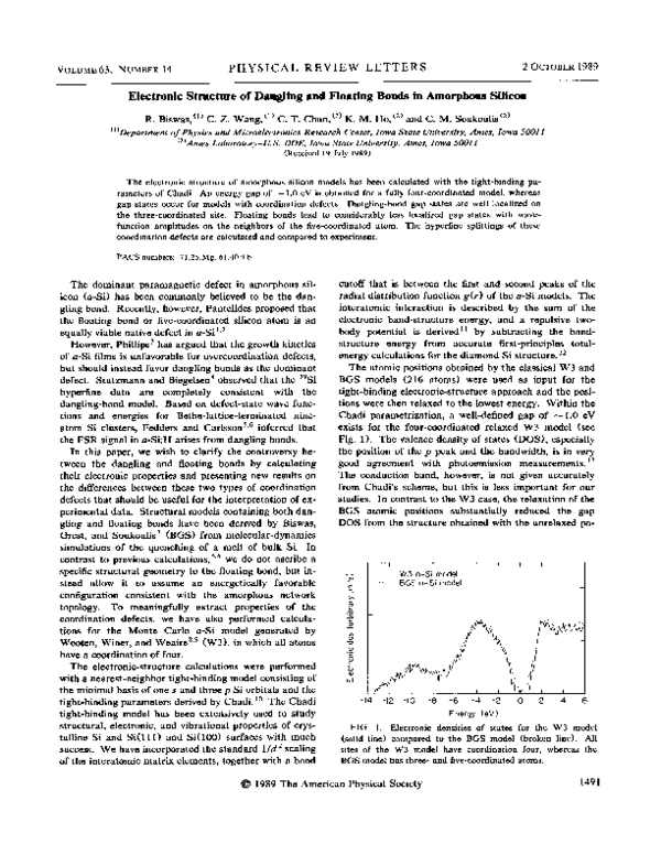 (PDF) Electronic structure of dangling and floating bonds in amorphous ...
