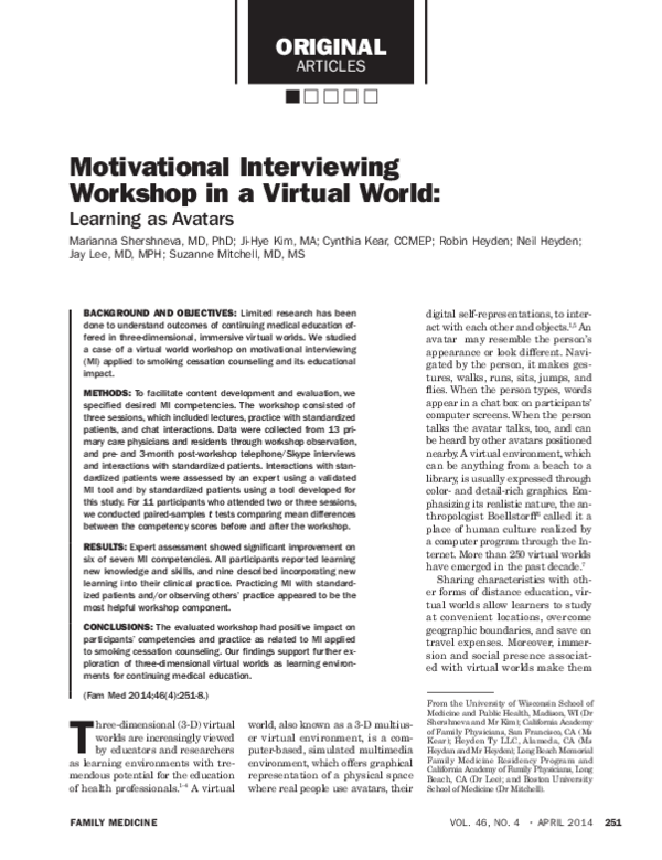 (PDF) Motivational interviewing workshop in a virtual world: learning as avatars