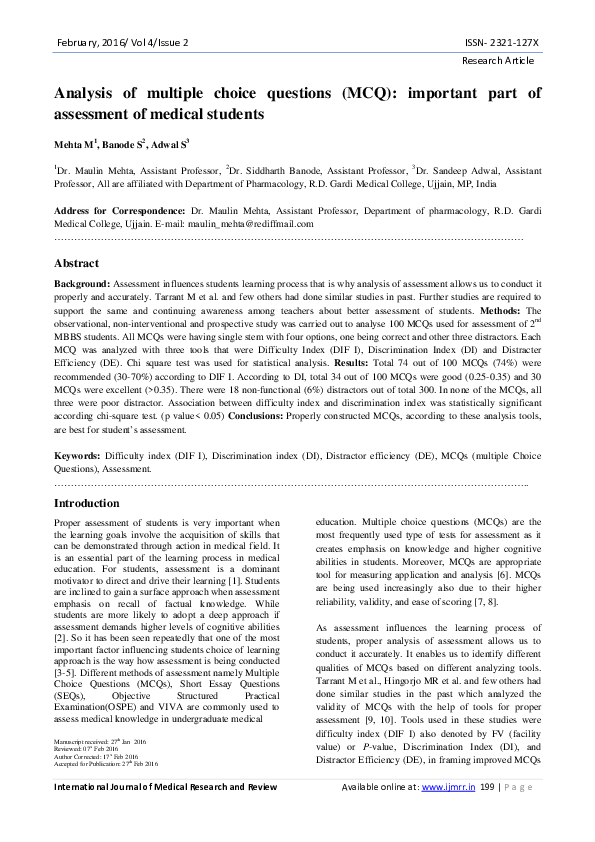 (PDF) Analysis of multiple choice questions (MCQ): important part of ...