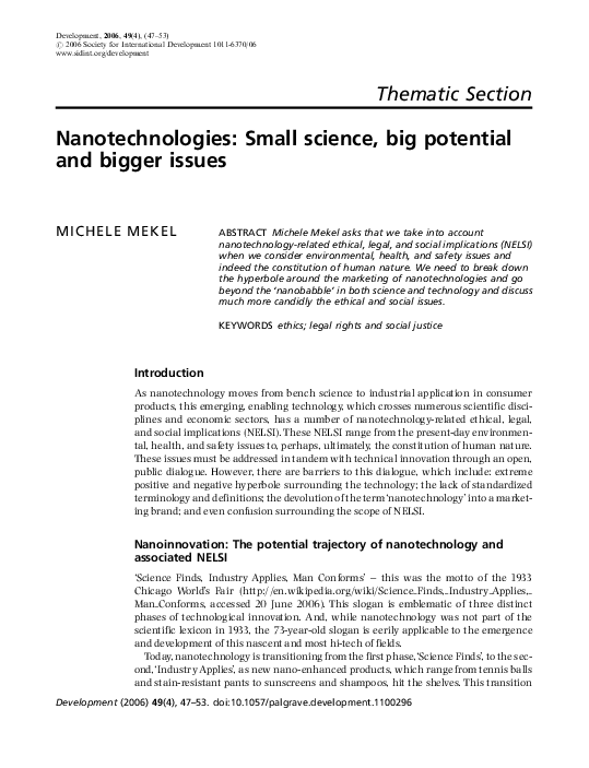 (PDF) Nanotechnologies: Small science, big potential and bigger issues