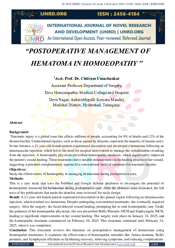(PDF) "POSTOPERATIVE MANAGEMENT OF HEMATOMA IN HOMOEOPATHY