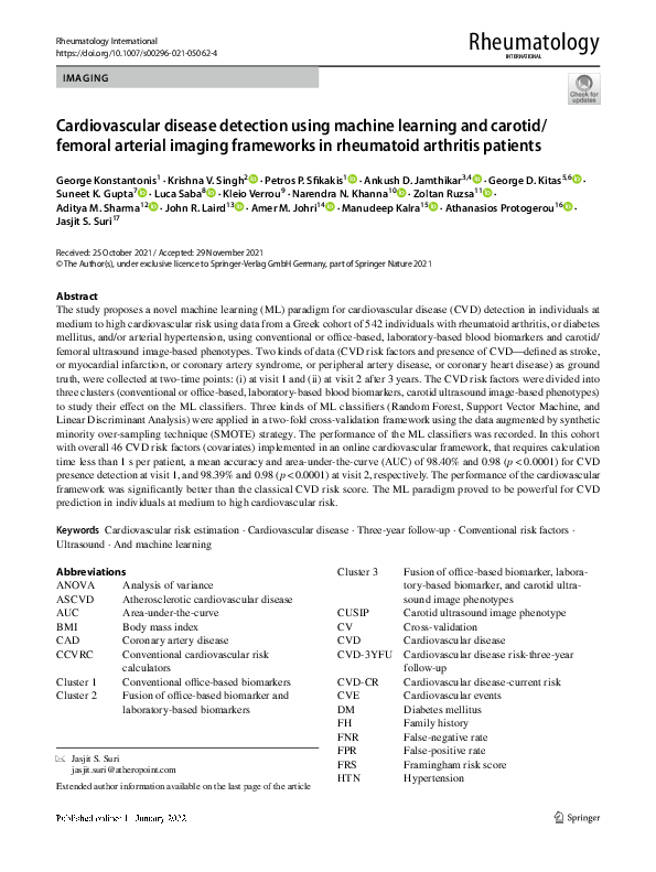 (PDF) Cardiovascular disease detection using machine learning and carotid/femoral arterial ...