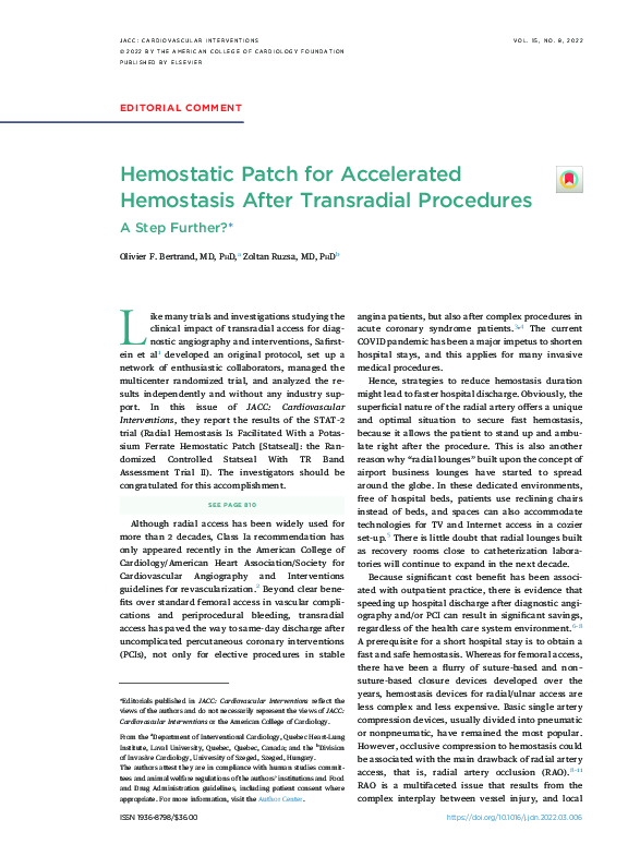 (PDF) Hemostatic Patch for Accelerated Hemostasis After Transradial ...