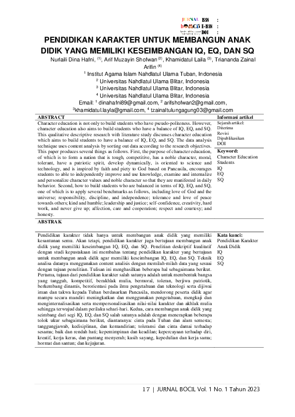(PDF) Pendidikan Karakter Untuk Membangun Anak Didik Yang Memiliki Keseimbangan Iq, Eq, Dan SQ
