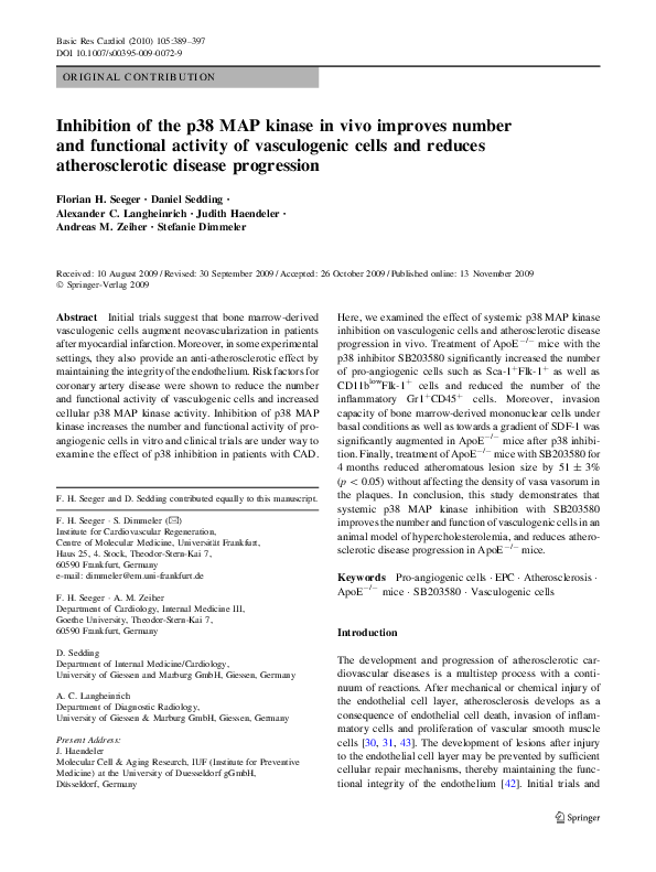(PDF) Inhibition of the p38 MAP kinase in vivo improves number and functional activity of ...