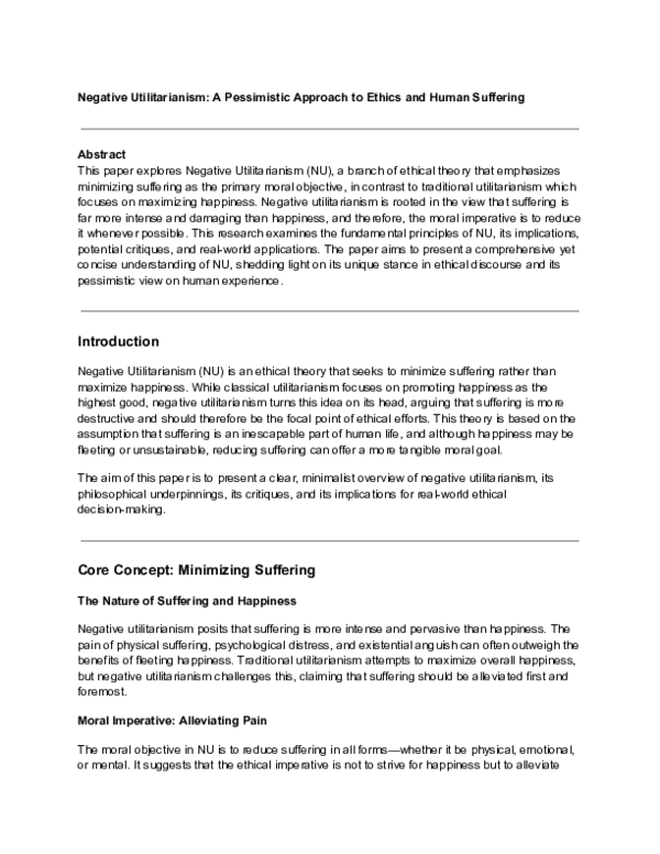 (PDF) Negative Utilitarianism: A Pessimistic Approach to Ethics and ...
