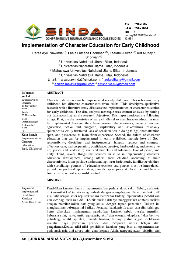 (PDF) Implementation of Character Education for Early Childhood