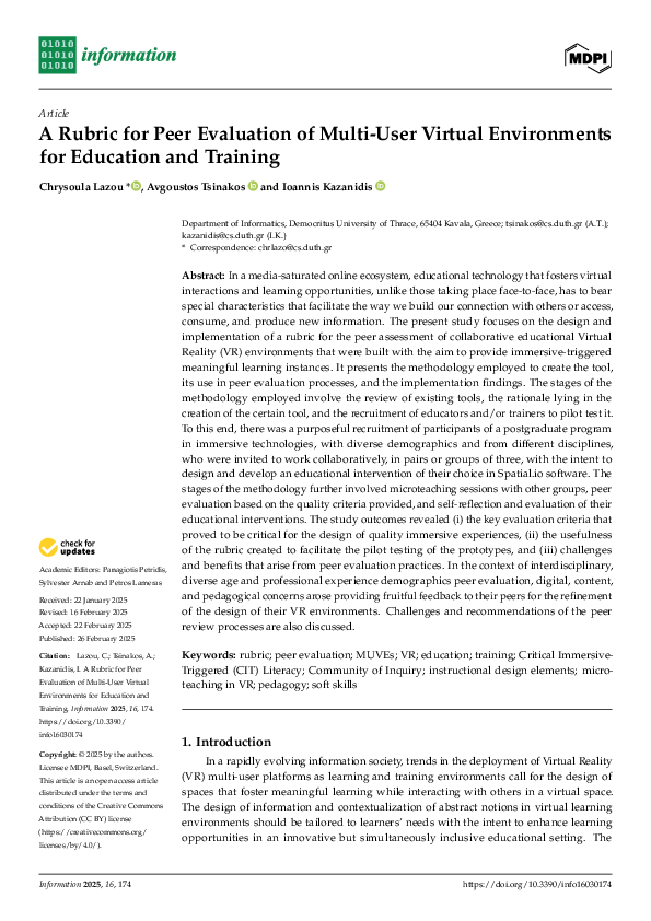 (PDF) A Rubric for Peer Evaluation of Multi-User Virtual Environments for Education and Training