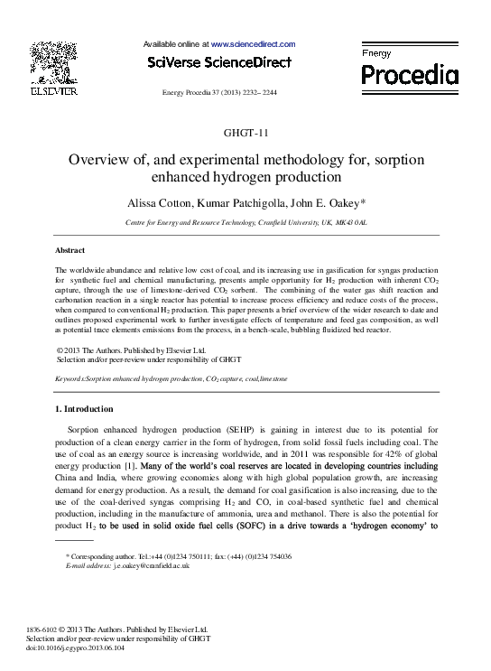 (PDF) Overview of, and Experimental Methodology for, Sorption Enhanced Hydrogen Production