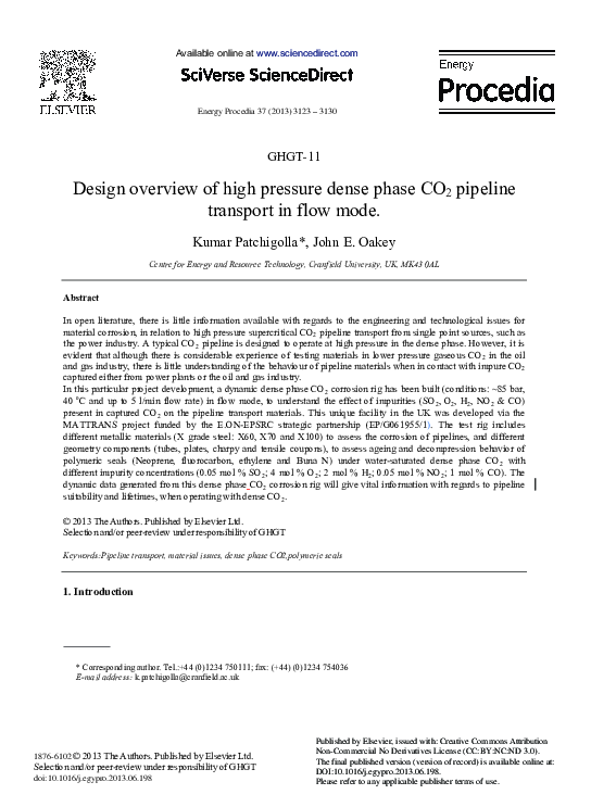 (PDF) Design Overview of High Pressure Dense Phase CO2 Pipeline ...