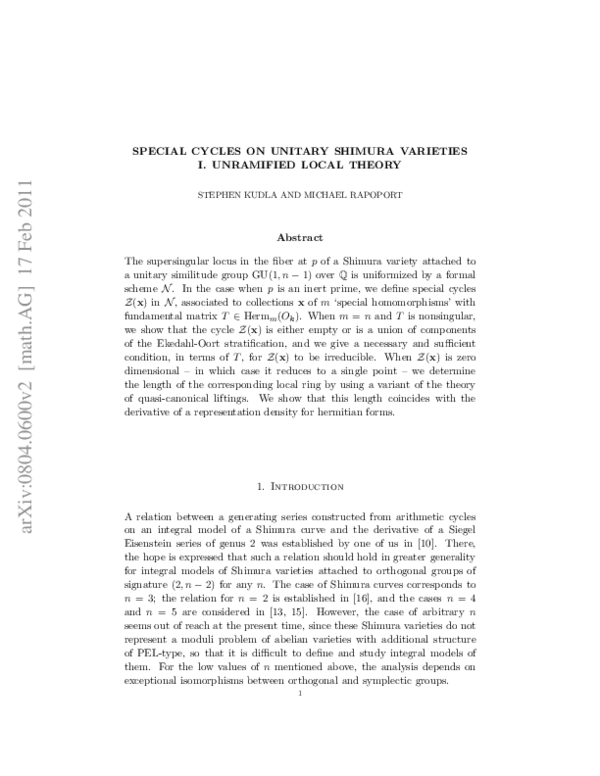 (PDF) Special cycles on unitary Shimura varieties I. unramified local ...