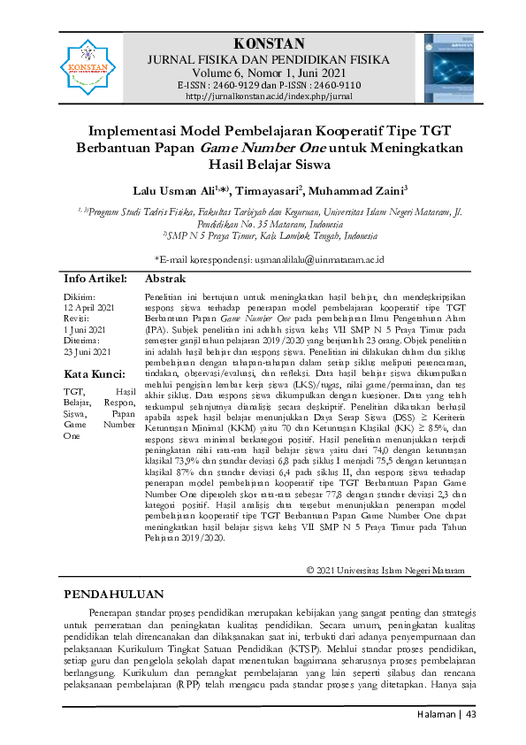 (PDF) Implementasi Model Pembelajaran Kooperatif Tipe TGT Berbantuan Papan Game Number One untuk ...