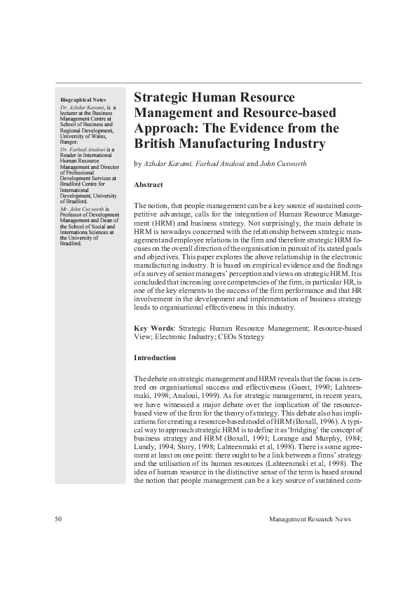 (PDF) Strategic human resource management and resource‐based approach ...
