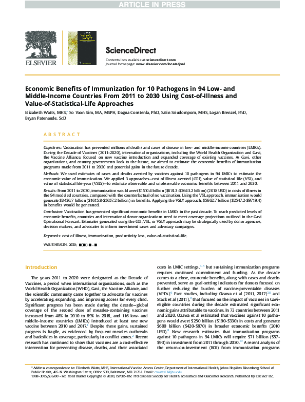 (PDF) Economic Benefits of Immunization for 10 Pathogens in 94 Low- and ...